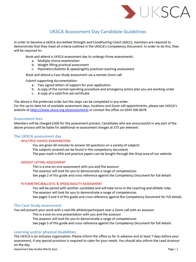 UKSCA Assessment Day Guidelines | PDF | Acceleration | Evaluation