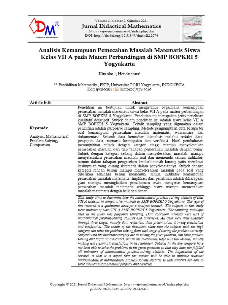 Sudianto, Analisis Kemampuan Pemecahan Masalah Matematis Siswa Kelas VII A Pada Materi ...