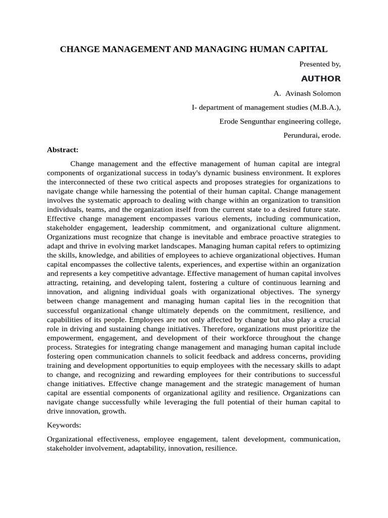 CHANGE MANAGEMENT AND MANAGING HUMAN CAPITAL Avinesh-1 | PDF | Change ...
