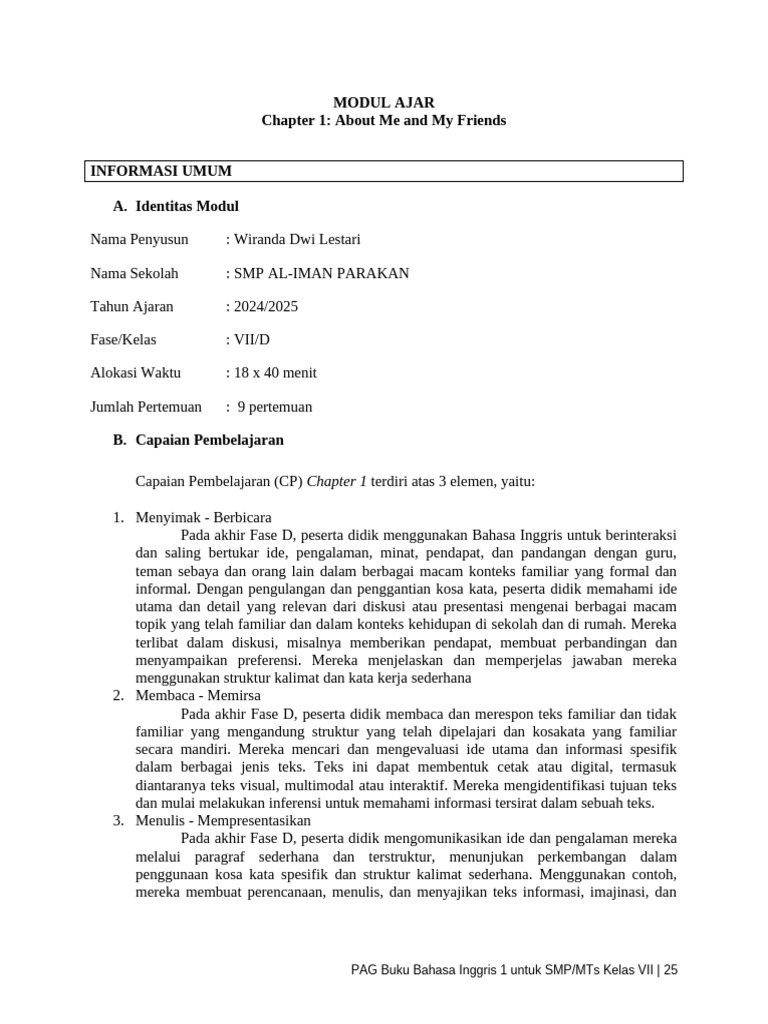 7.1 Modul Ajar Chapter 1 (FIX) | PDF | Verb | Adjective