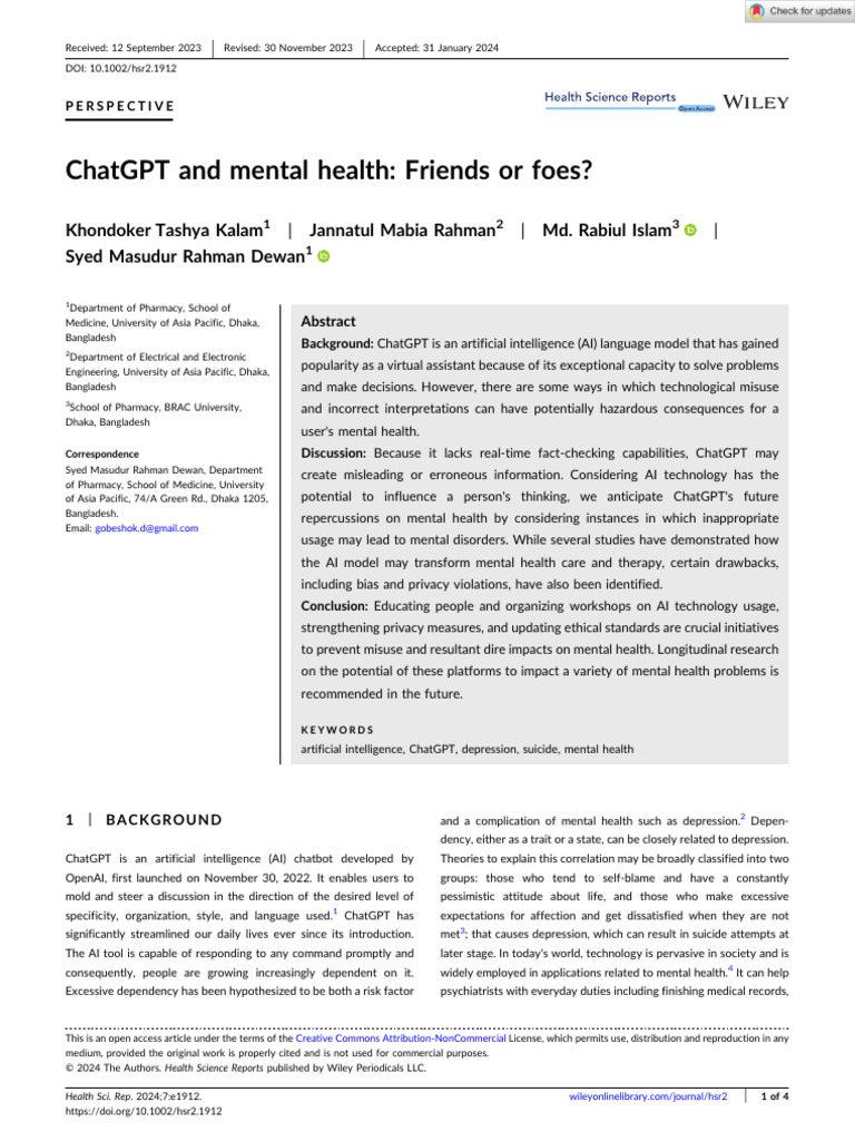 Health Science Reports - 2024 - Kalam - ChatGPT and Mental Health ...