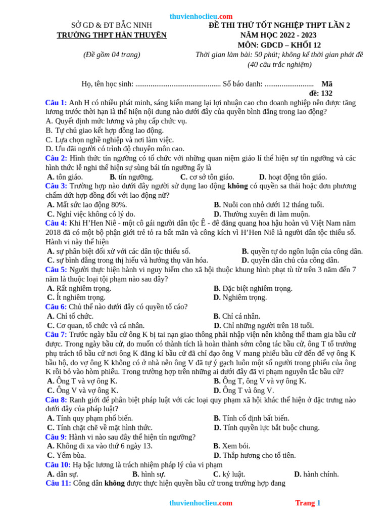 De Thi Thu Tot Nghiep 2023 GDCD THPT Han Thuyen Lan 2 | PDF