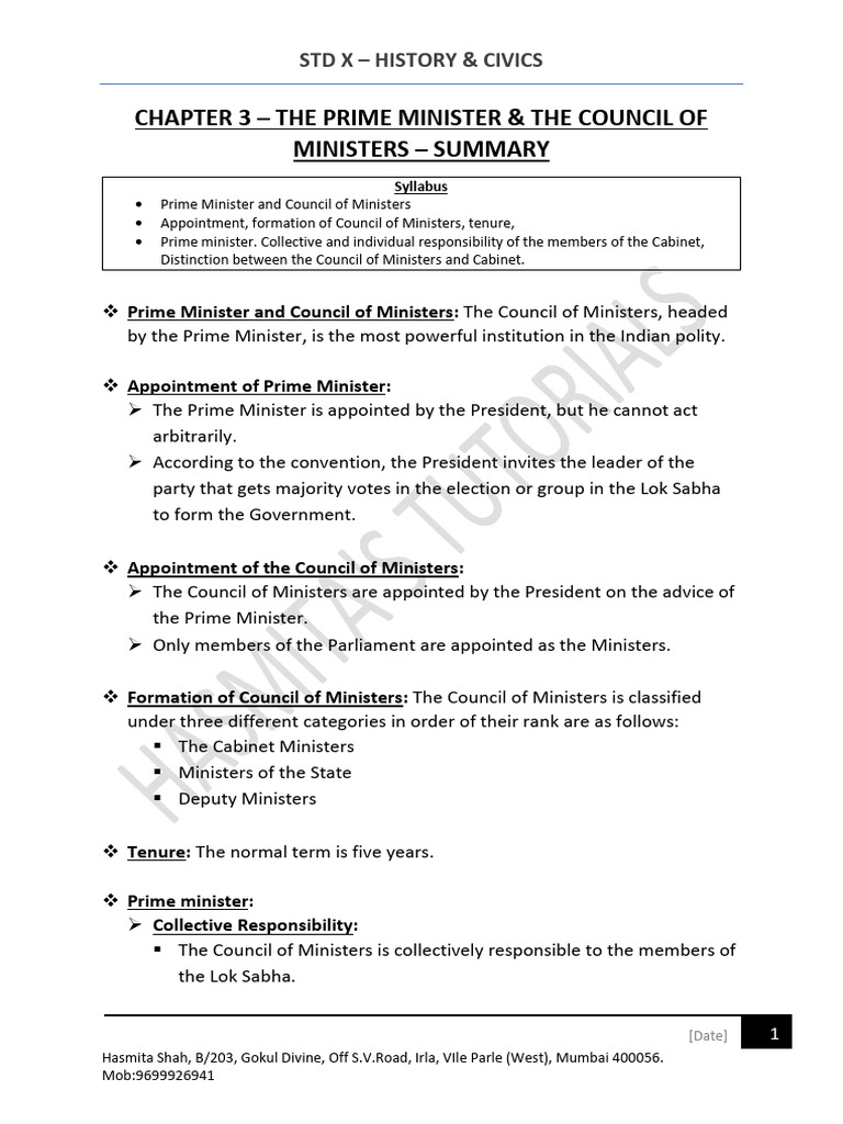 Civics Chap 3 The Prime Minister & The Council of Ministers SP | PDF