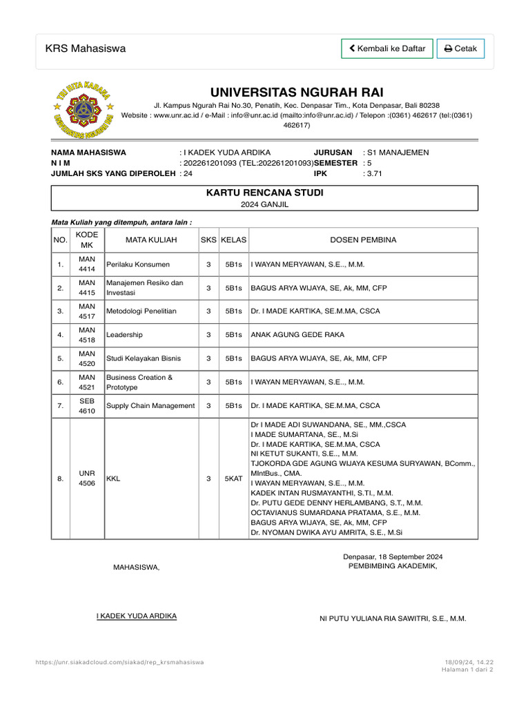 Krs Mahasiswa 2024 Semester 5 | PDF