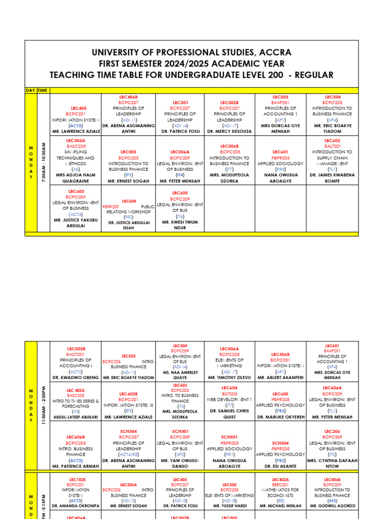 Regular Level 200 Teaching Timetable | PDF