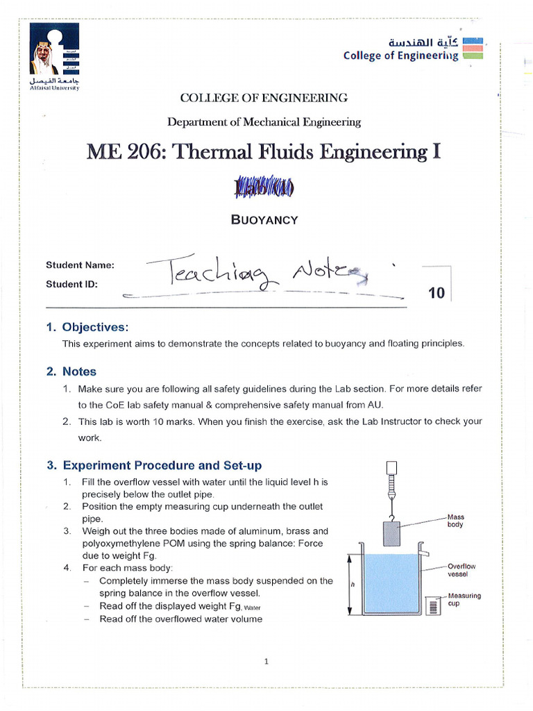 ME 206 Teaching Note-Bouyant Force-Lab | PDF