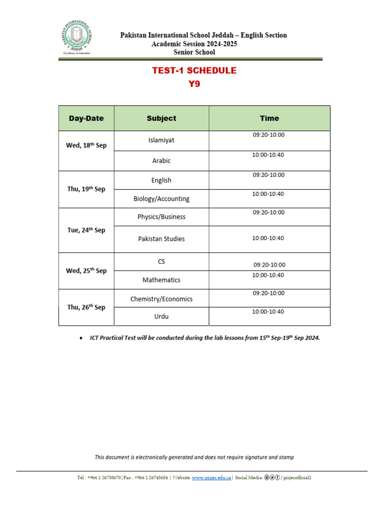 Y9-Test 1 Schedule | PDF