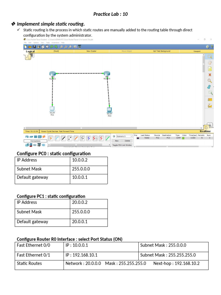 Practice Lab: 10 Implement Simple Static Routing.: Configure PC0 ...