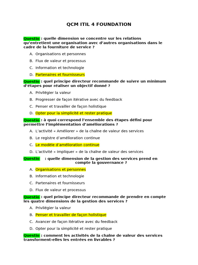 QCM ITIL4 Avec Réponses | PDF