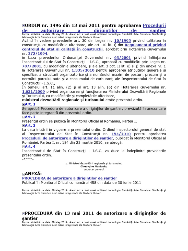 ORDIN Nr. 1496 2011 Procedura de Autorizare A Dirigintilor de Santier | PDF