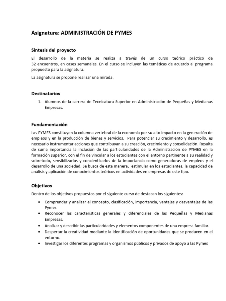 Programa Administración de Pymes 2023 | PDF | Pequeñas y medianas empresas | Business