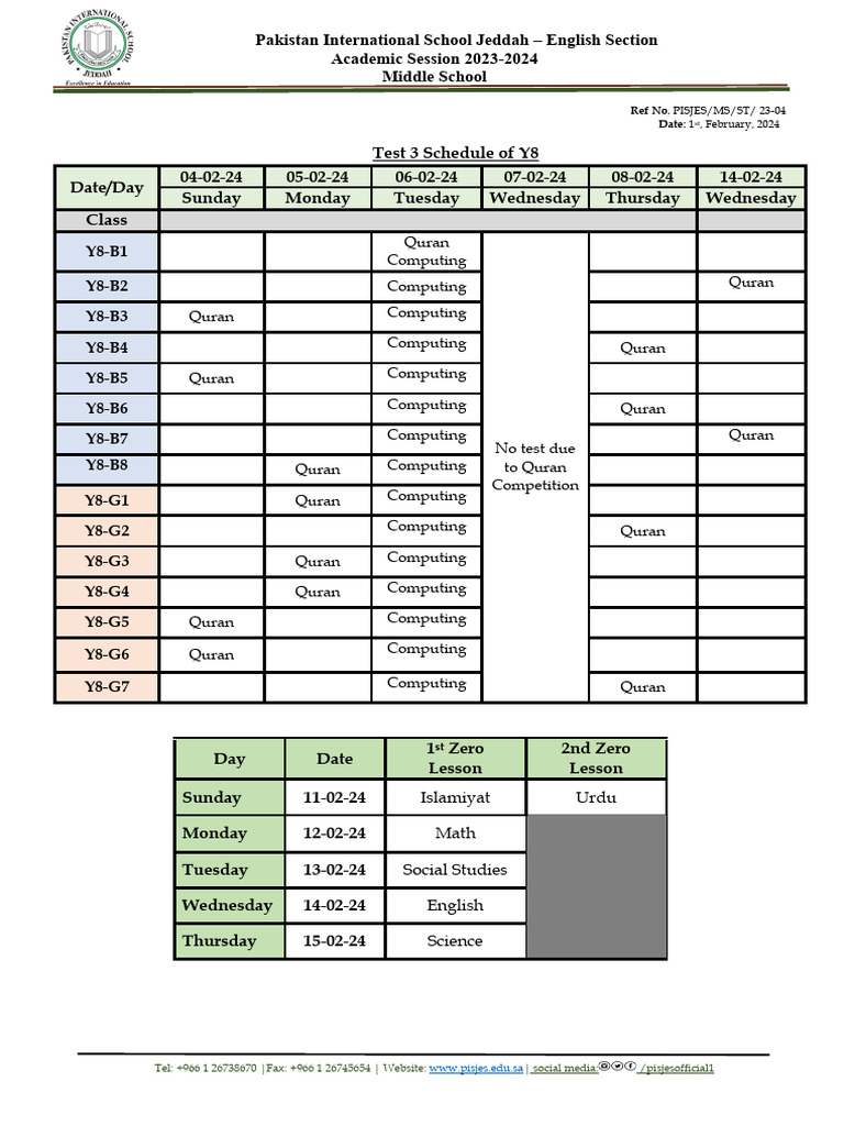 Y8 Test Schedule and Topics | PDF