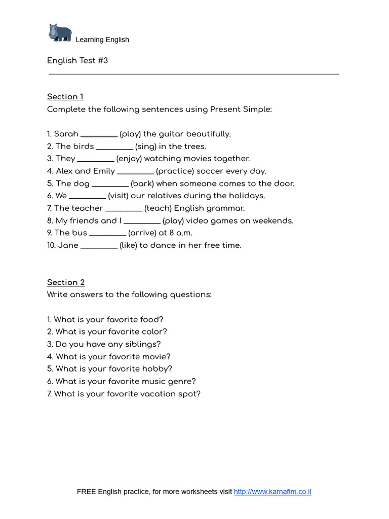 6th Grade Test Present Simple 3 | PDF | Question
