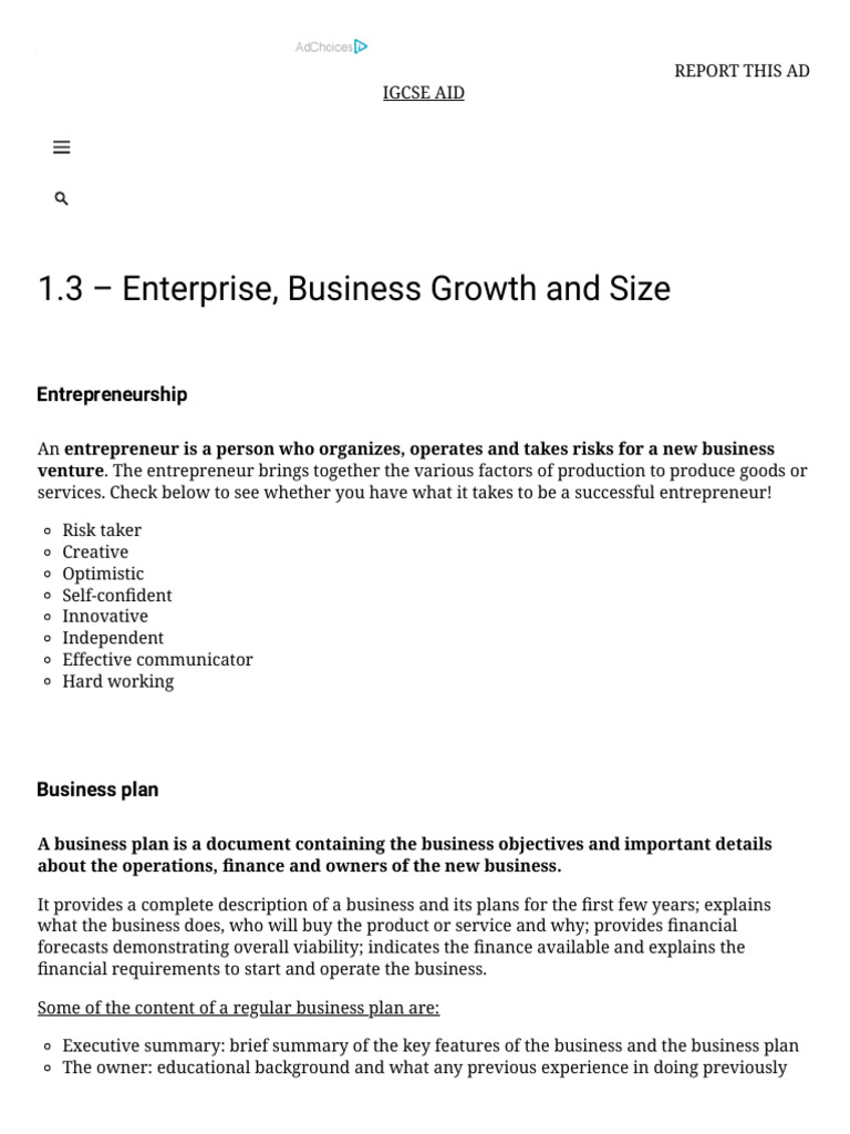 1.3 - Enterprise, Business Growth and Size - IGCSE AID | PDF