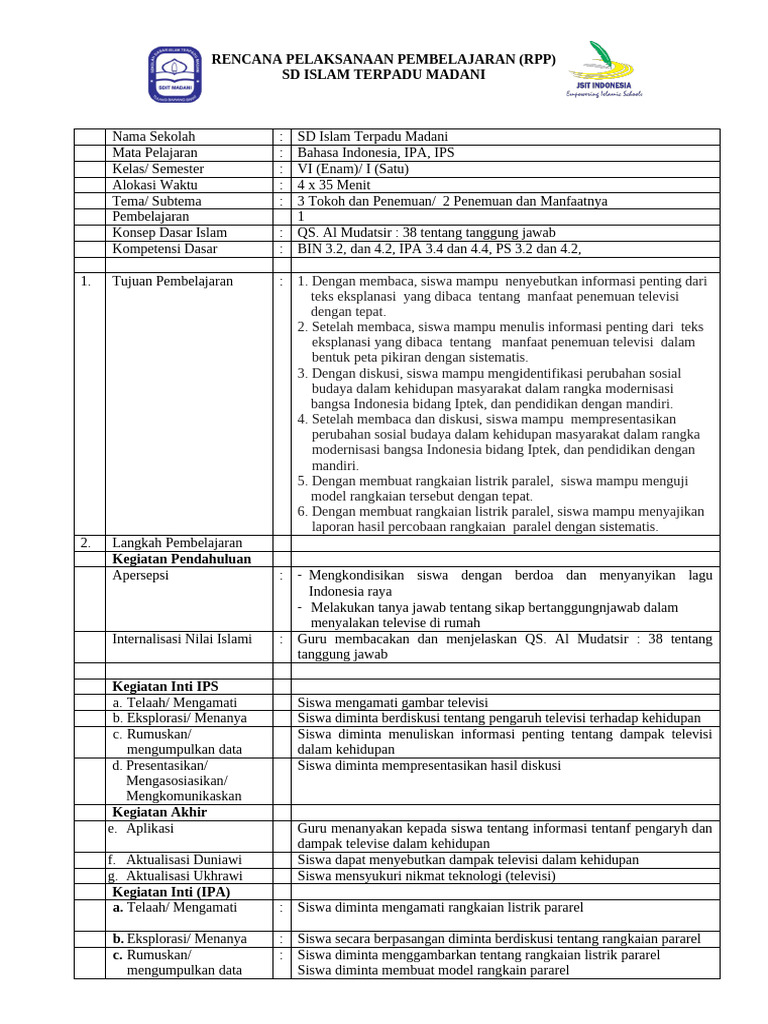RPP 6 Tema 3 Sub Tema 2 | PDF