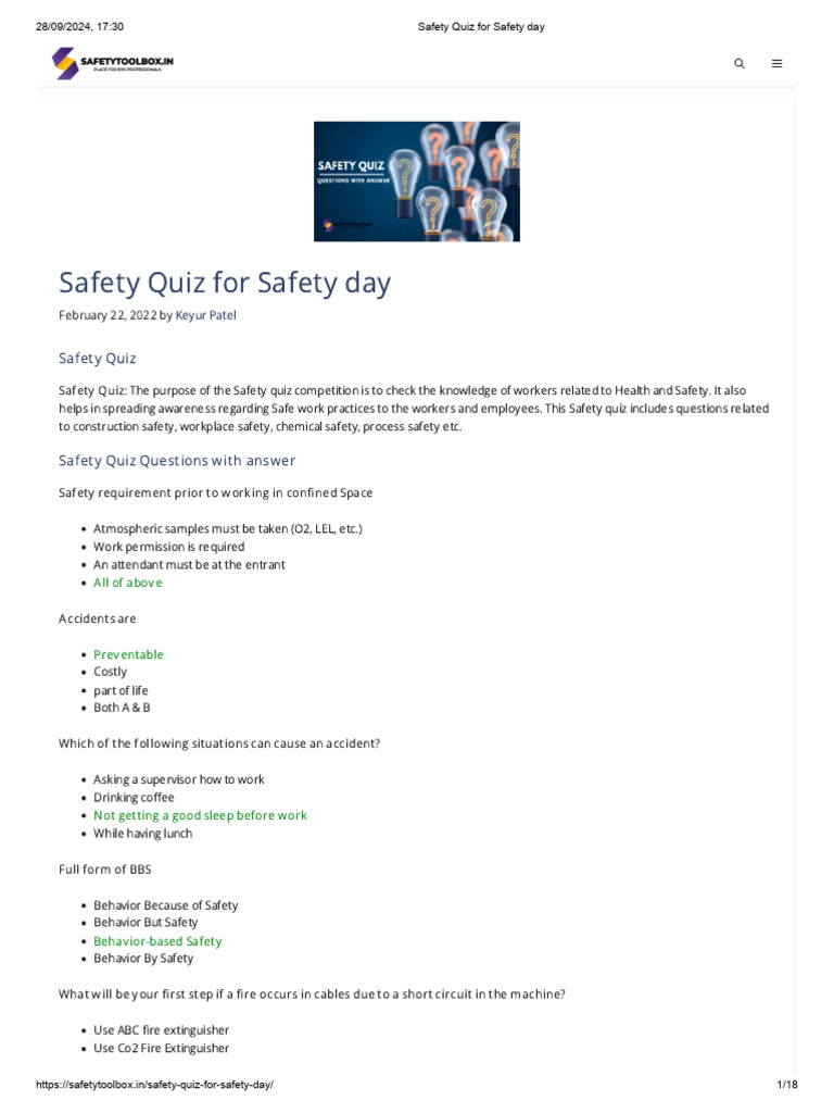Safety Quiz For Safety Day | PDF