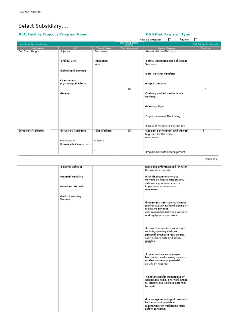 RSG Hs FRM 0004 - H&s Risk Register | PDF