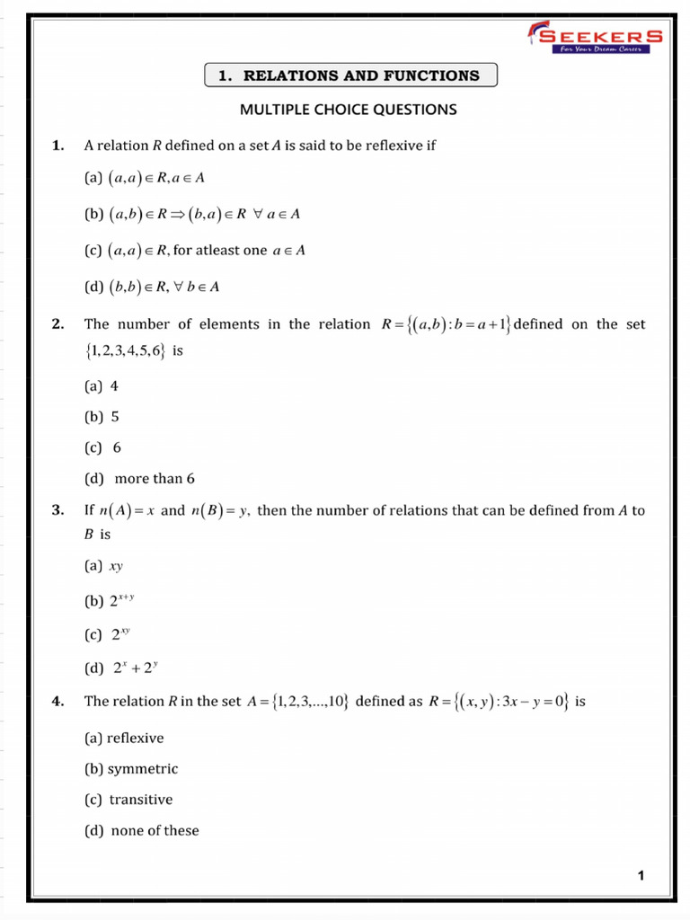 Relation and Functions Mcqs - 240323 - 093412 | PDF