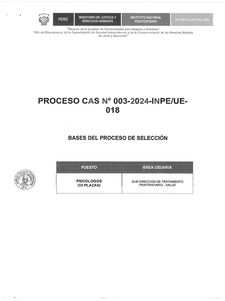 Bases Proceso Cas #003-2024-Inpe-Orl-urh - Psicologo | PDF Bases Proceso Cas #003-2024-Inpe-Orl-urh - Psicologo | PDF