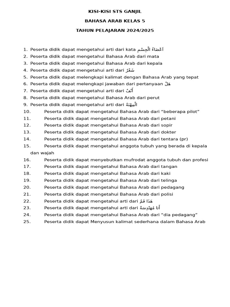 Kisi-Kisi STS Kelas 5 2024 | PDF
