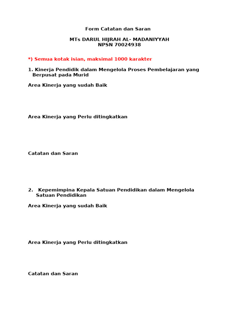 Form Catatan Dan Saran | PDF