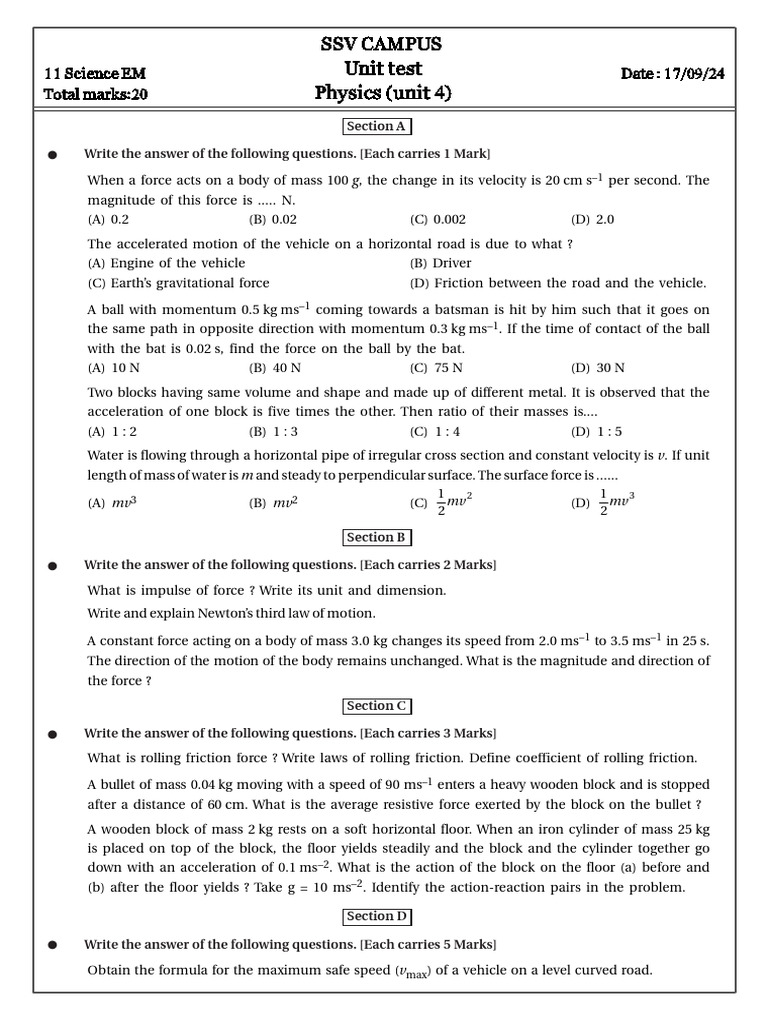 Physics (Unit4) - D17 Sept 2024 | PDF | Force | Mass