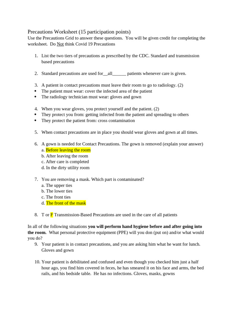 Precautions Worksheet 1-21 B | PDF