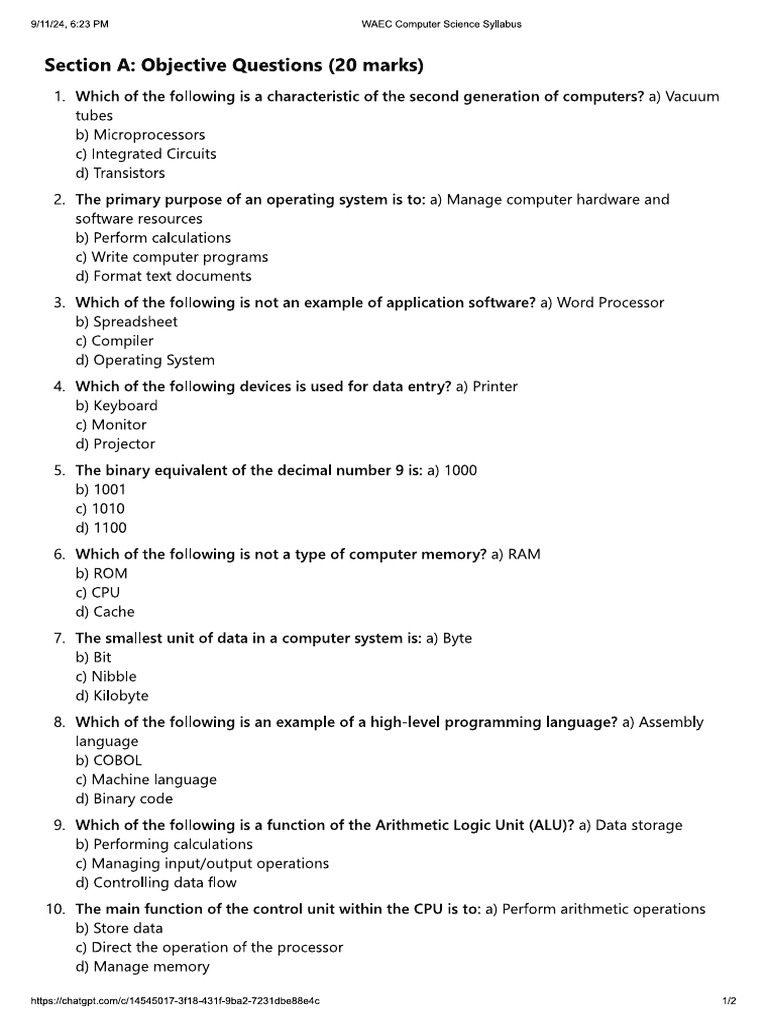 WAEC Subjects for Computer Science | PDF | Computers