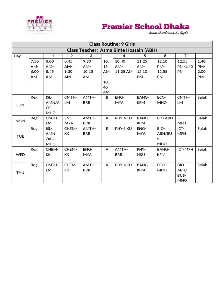 Class Routine - Class 9G | PDF