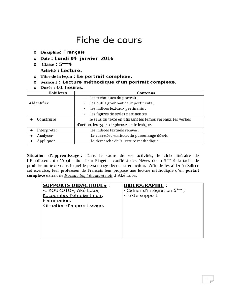 Lecture Méthodique Portrait Complexe 1 | PDF