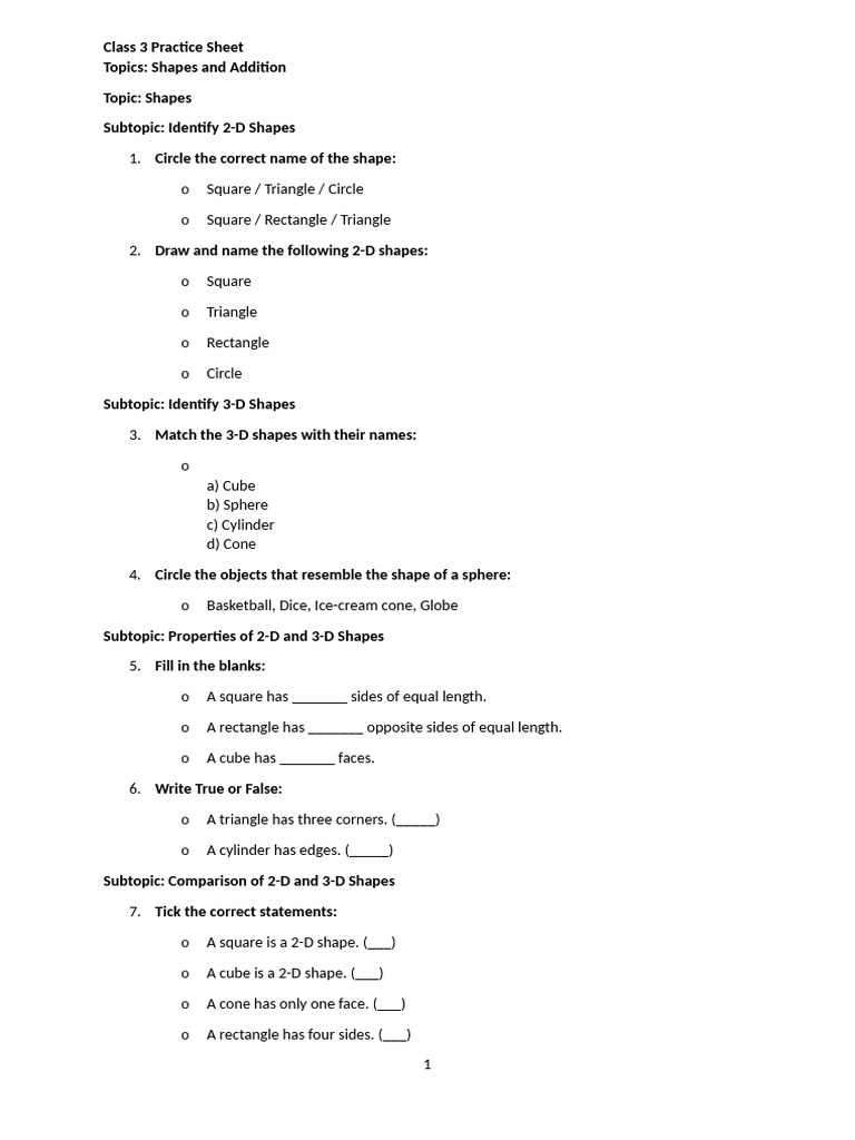 Class 3 Practice Sheet - Maths - Open House | PDF | Shape | Triangle