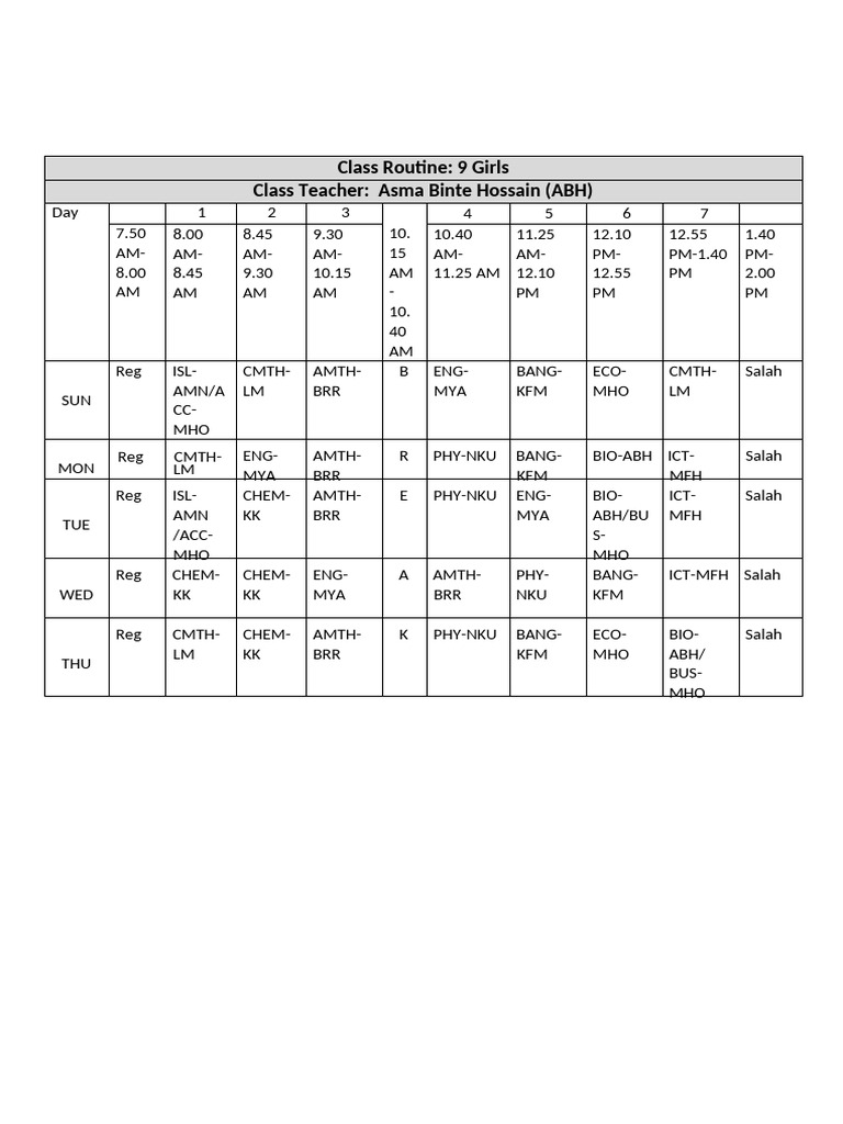 Class Routine - Class 9G | PDF