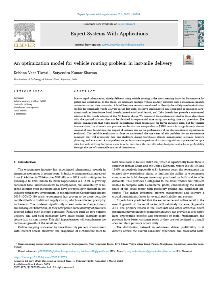 An Optimization Model For Vehicle Routing Problem in Last Mile Delivery ...