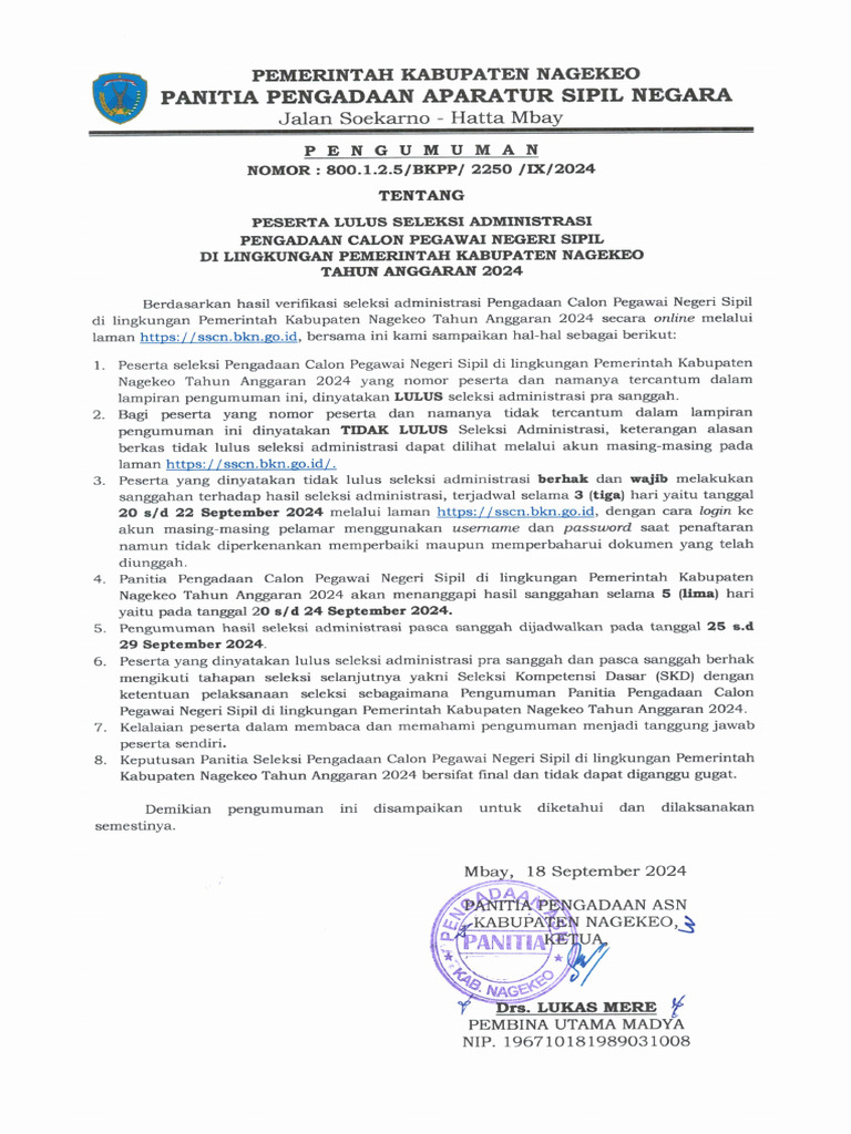 Peserta Lulus Seleksi Administrasi CPNS Pra Sanggah TA.2024 | PDF