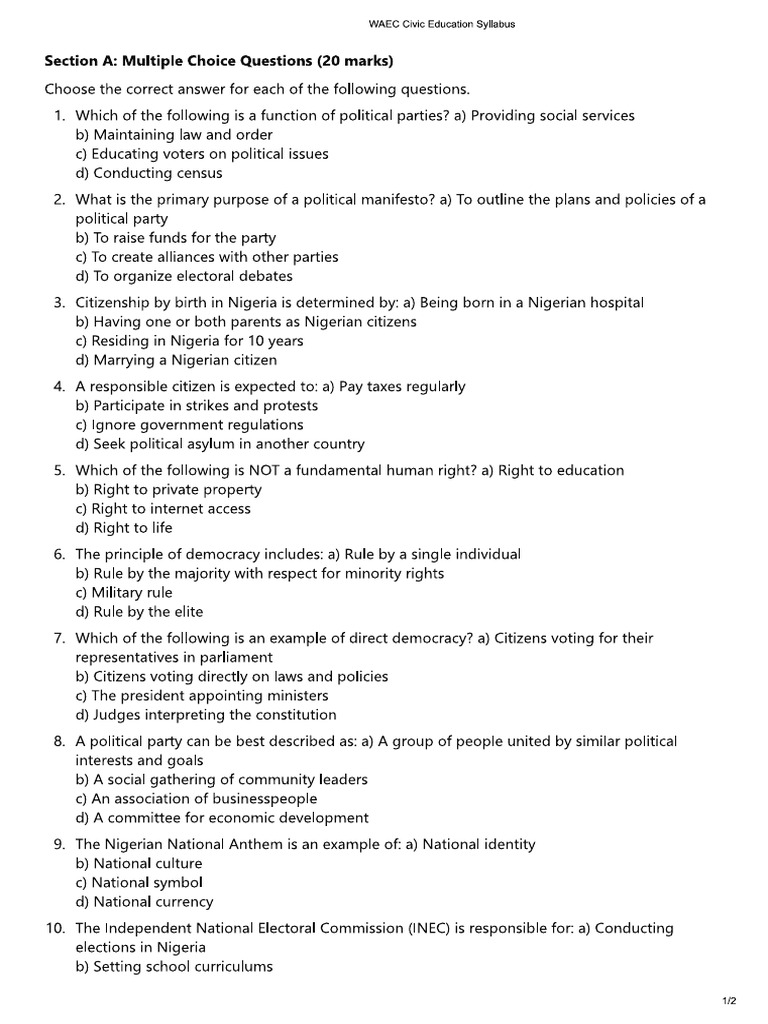 WAEC Civic ss1 Wace Question | PDF
