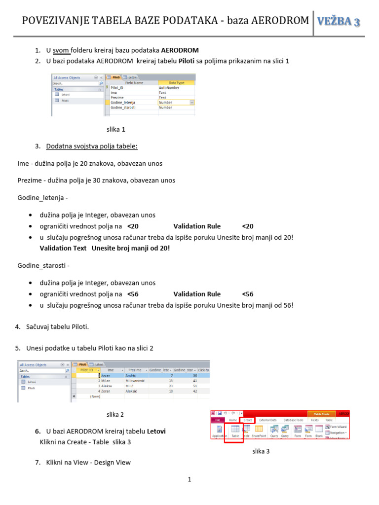 Vezba 3 Access Povezivanje Tabela Baza Aerodrom | PDF