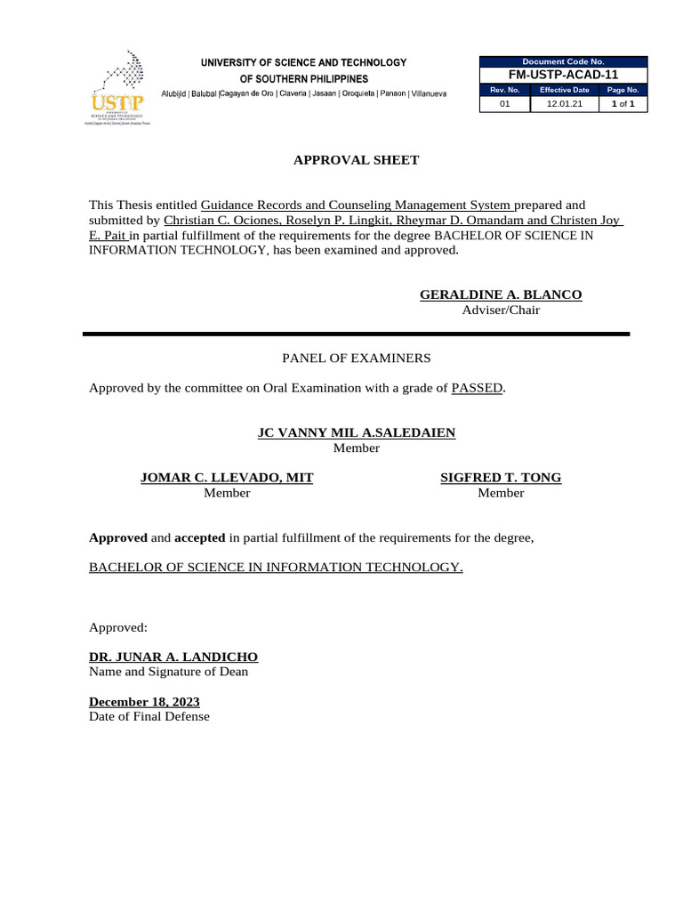 FM USTP ACAD 11 Approval Sheet 1 | PDF