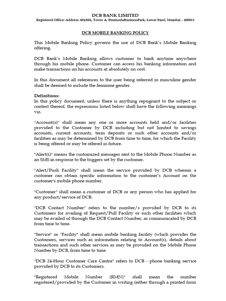 DCB Mobile Banking Policy Document | PDF