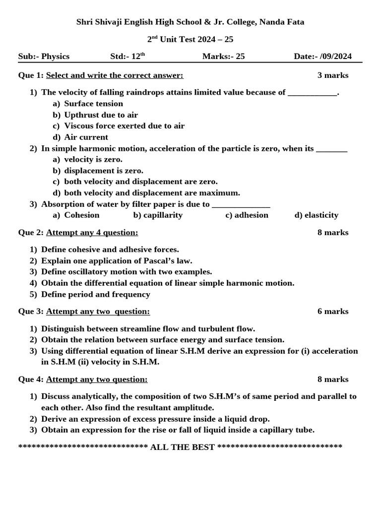 12th Physics 2nd Unit Test 2024 | PDF | Science & Mathematics