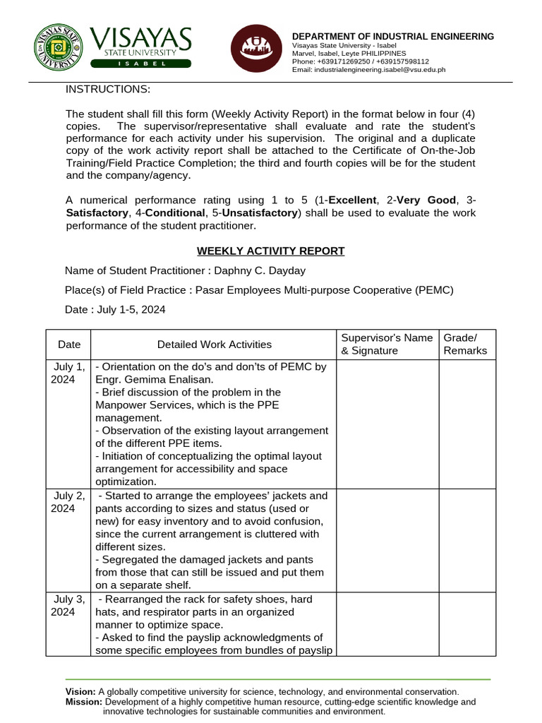 WEEKLY ACTIVITY REPORT (Week 1) | PDF | Personal Protective Equipment ...