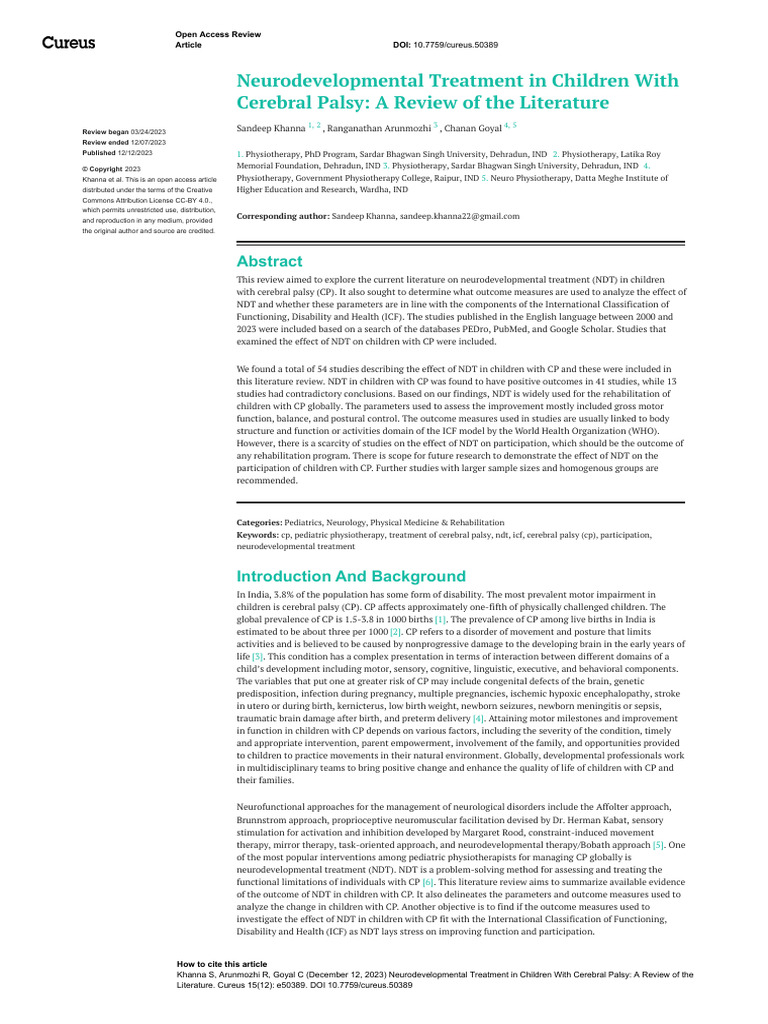NDT in Children With CP Lit Review (Khanna Et Al., 2023) | PDF NDT in Children With CP Lit Review (Khanna Et Al., 2023) | PDF