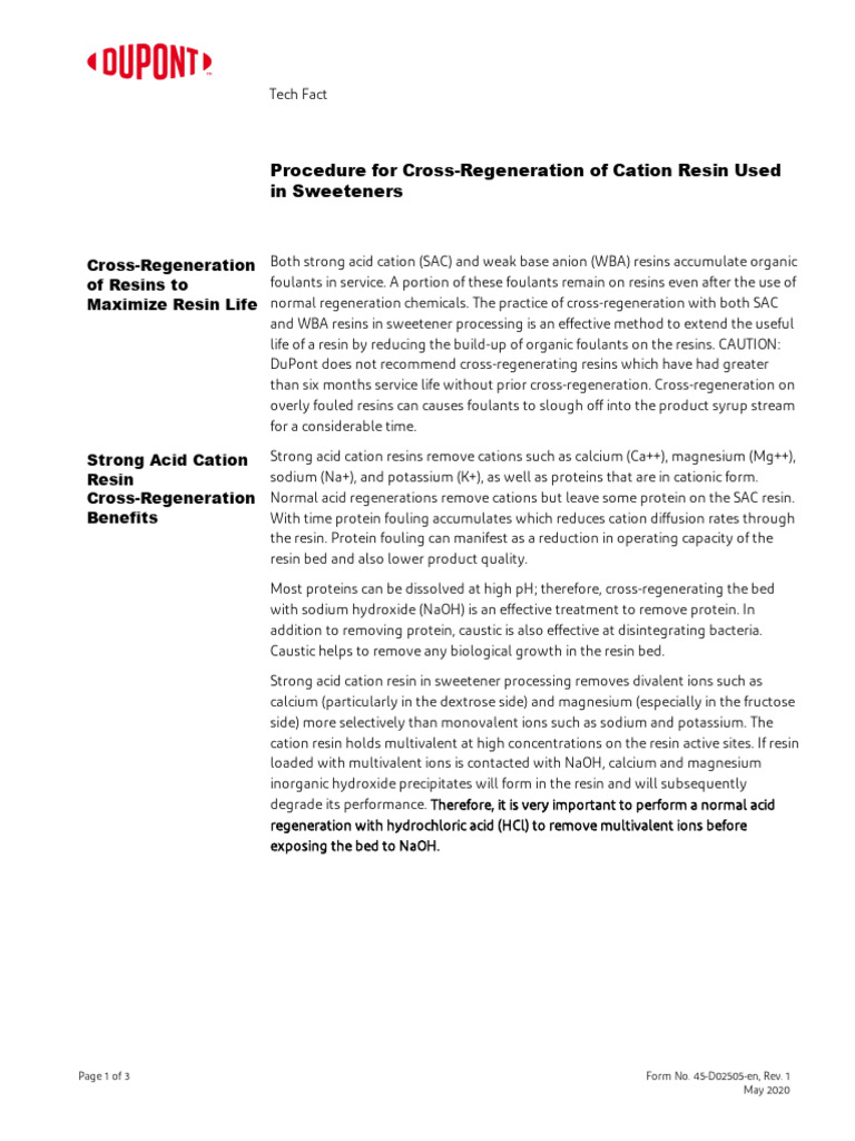 IER AmberLite Procedure Cross Regeneration Cation Resin Sweeteners ...