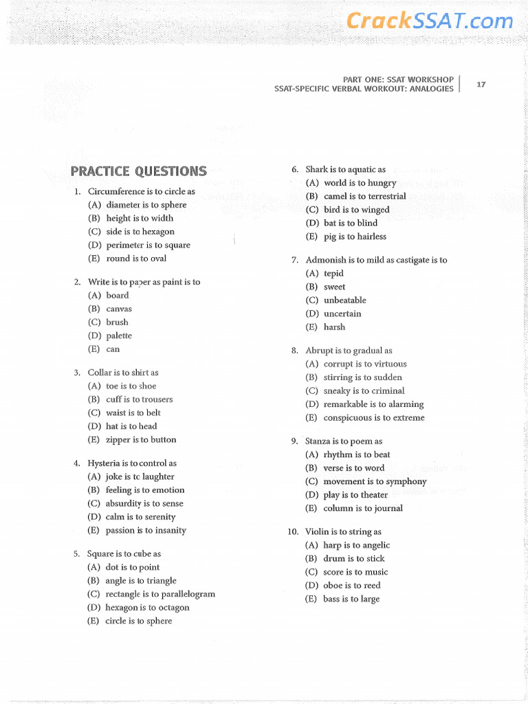 SSAT Analogies Practice Test Q | PDF