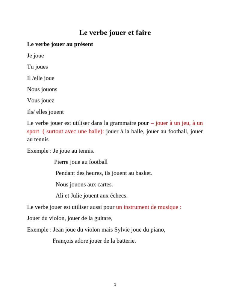 Le Verbe Jouer Et Faire | PDF