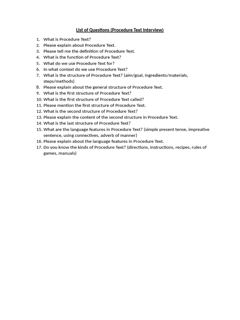 List of Questions Procedure Text Interview Kelas X | PDF