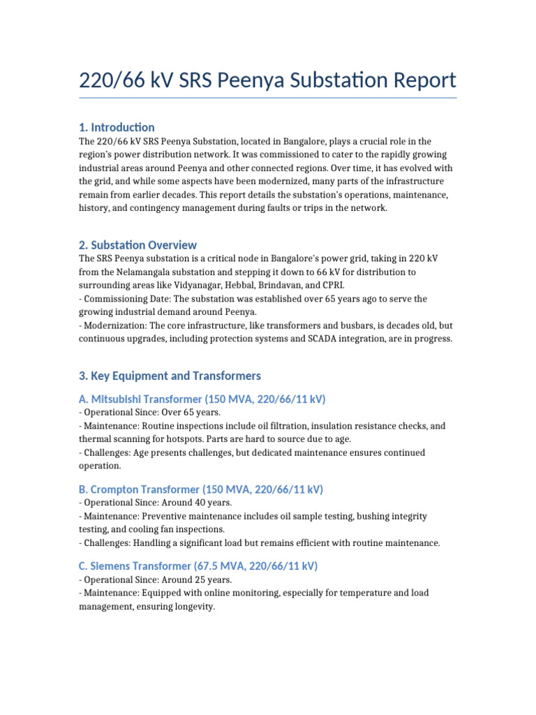 220 66 KV SRS Peenya Substation Report v2 | PDF