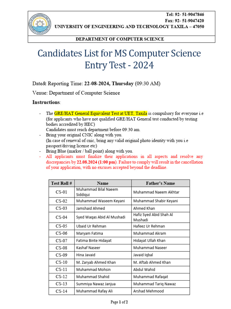 EntryTest CSD MSCS 2024 | PDF