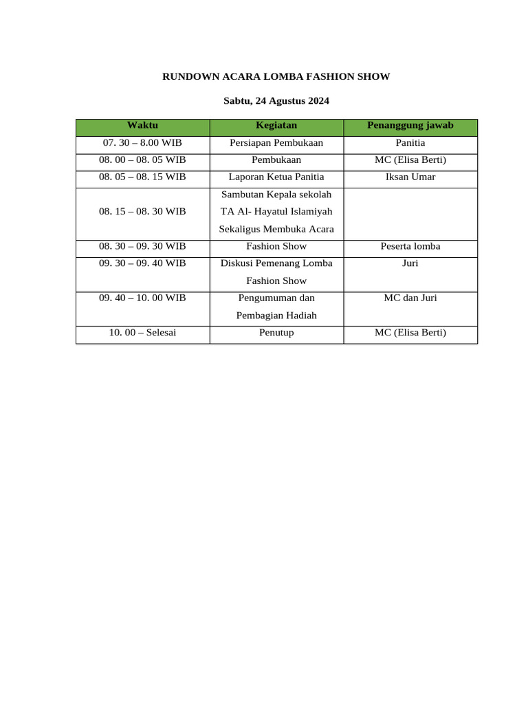 Rundown Acara Lomba Fashion Show | PDF