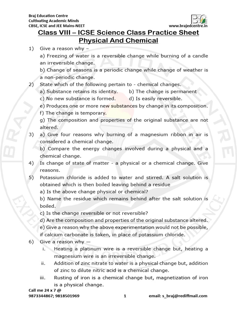 Physical And Chemical Change Cps Pdf