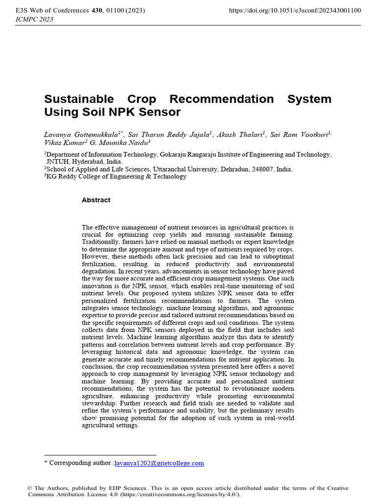 Sustainable Crop Recommendation System | PDF